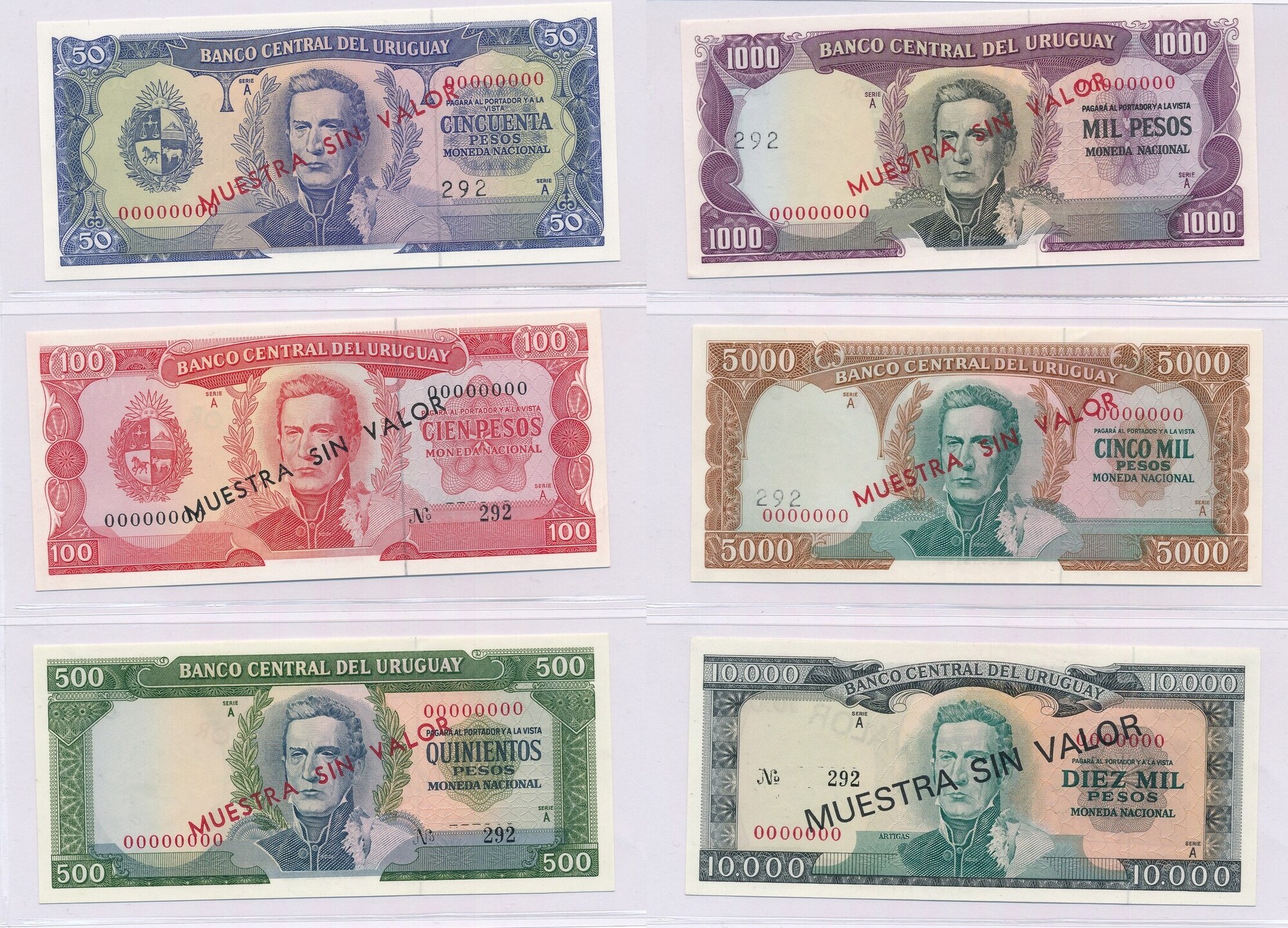 Uruguay 50, 100, 500, 1000, 5000, 10000 Pesos 1967 6x Banknote ...