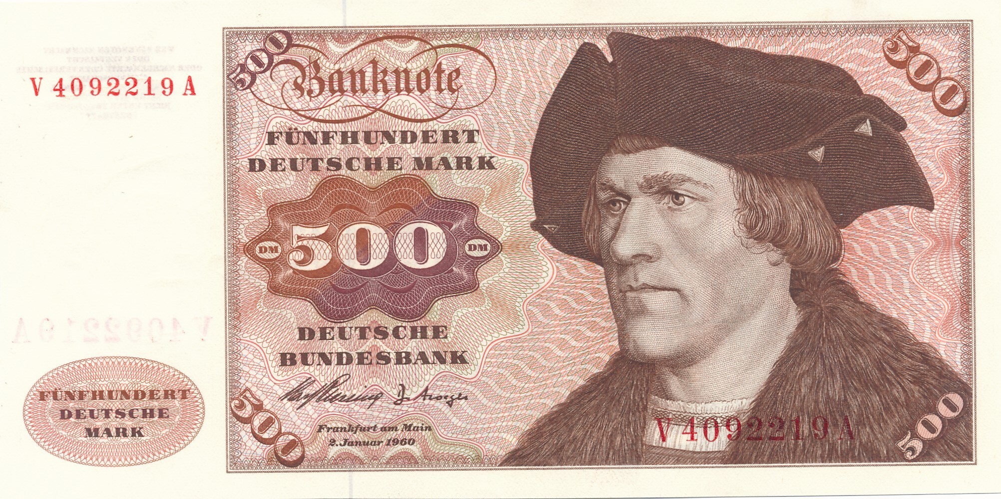 Deutschland BRD 500 Deutsche Mark DM 1960 Bundebanknote V/A leichter ...