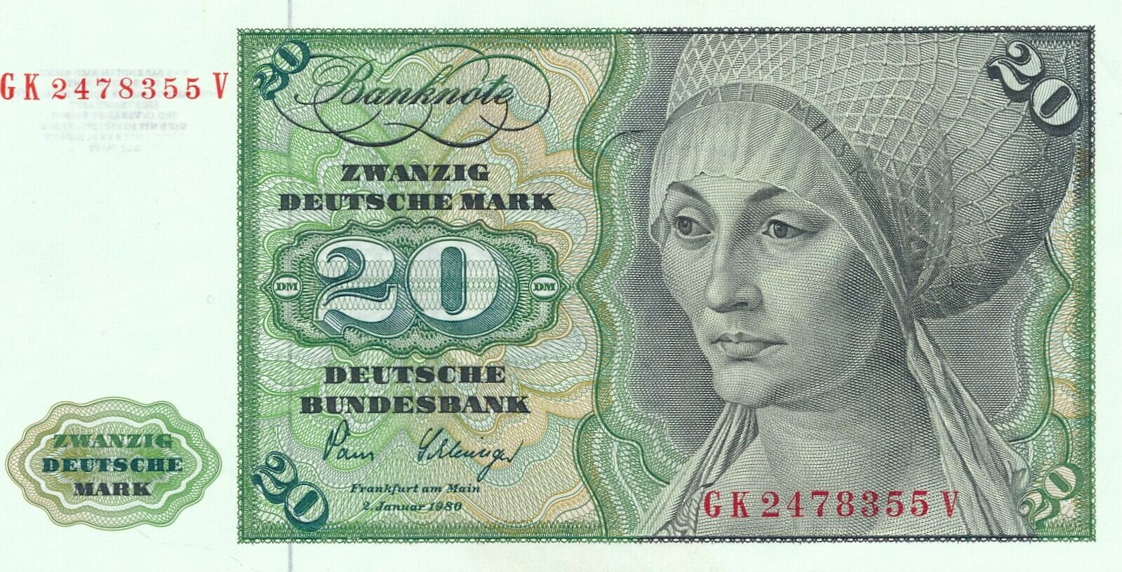 Deutschland BRD 20 Deutsche Mark DM 1980 Standardnote, GK/V unc | MA-Shops