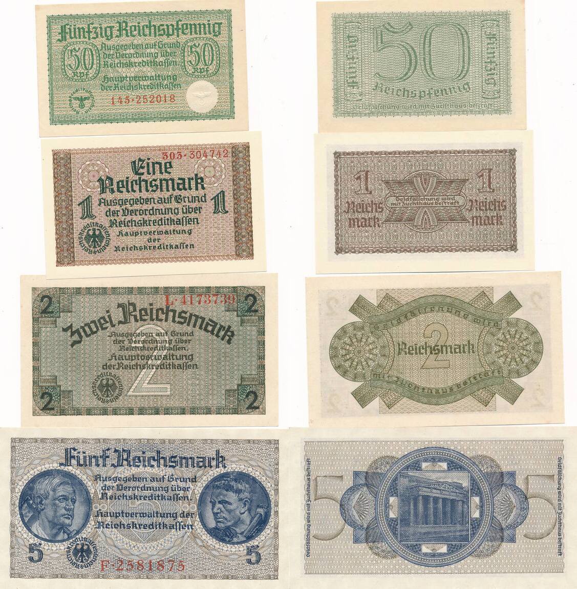3. Reich, Deutschland Reichskreditkassenscheine 50 Reichspfennig, 1, 2 ...