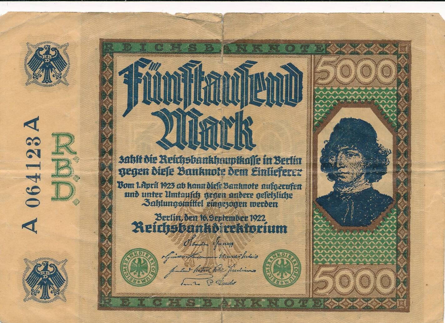 Deutsches Reich Deutschland 5000 Mark 1922 Reichsbanknote, doppelte BZ ...