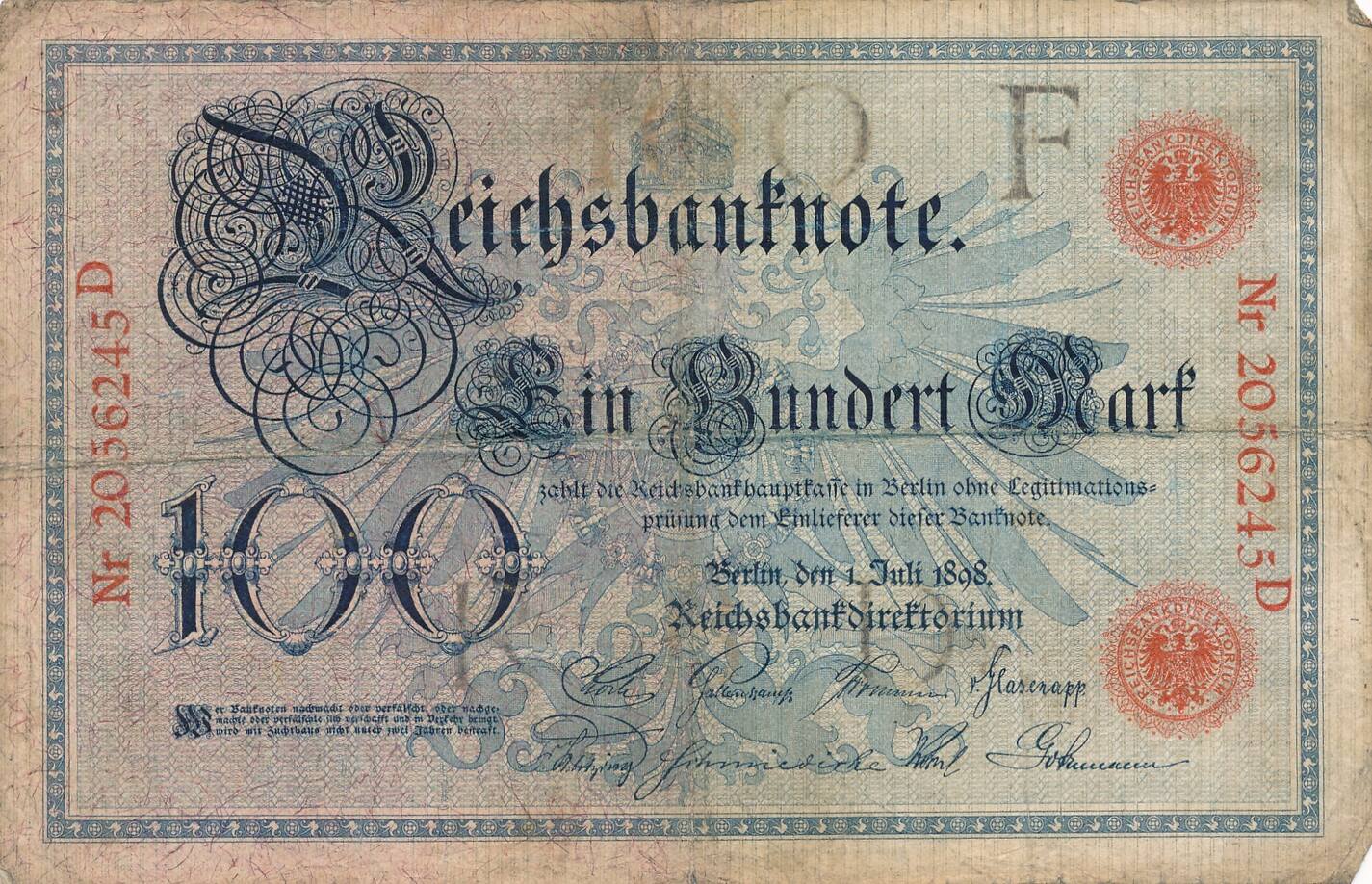 Kaiserreich Deutsches Reich Deutschland 100 Mark Reichsbanknote 1898 ...