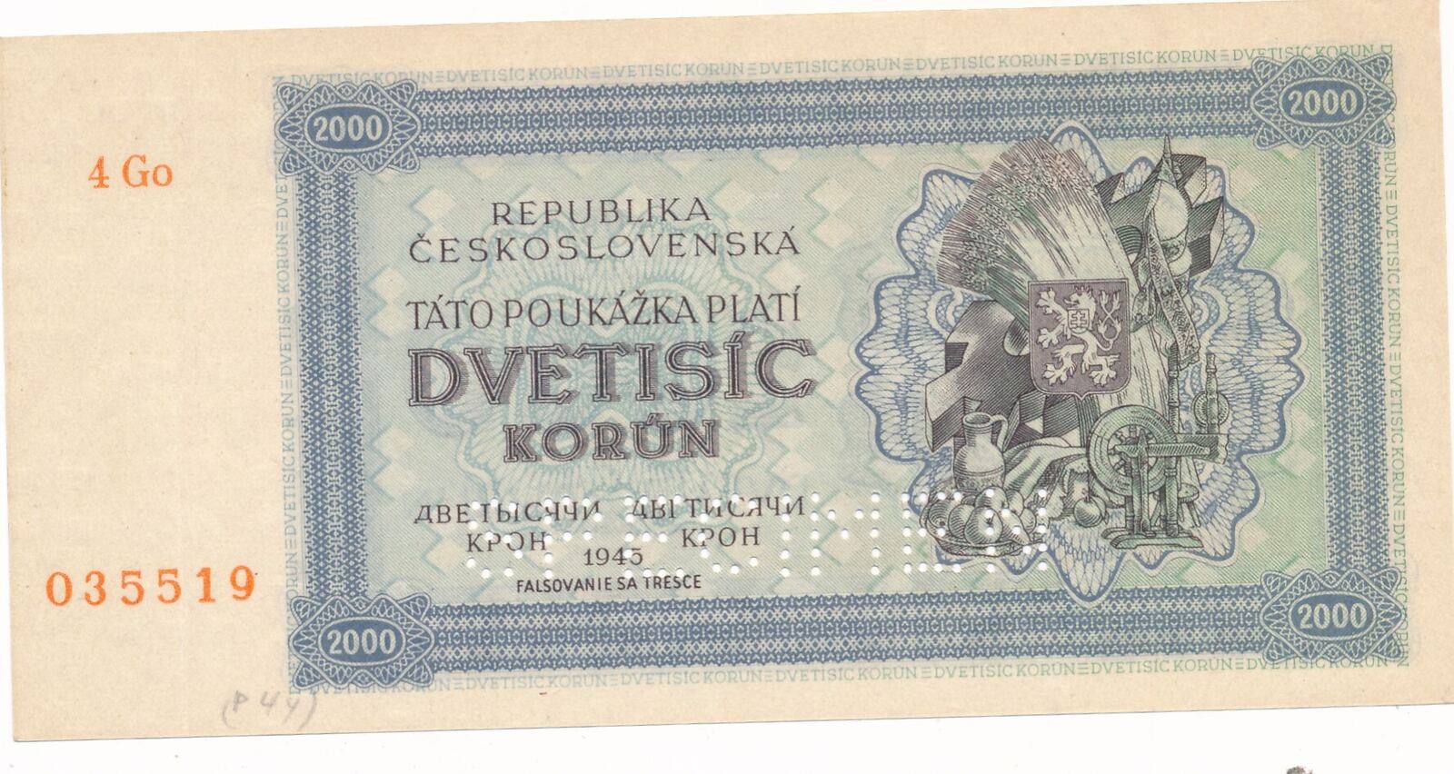 Tschechien, Czechoslovakia / Tschechoslowakei 2000 Korun 1945 Banknote ...