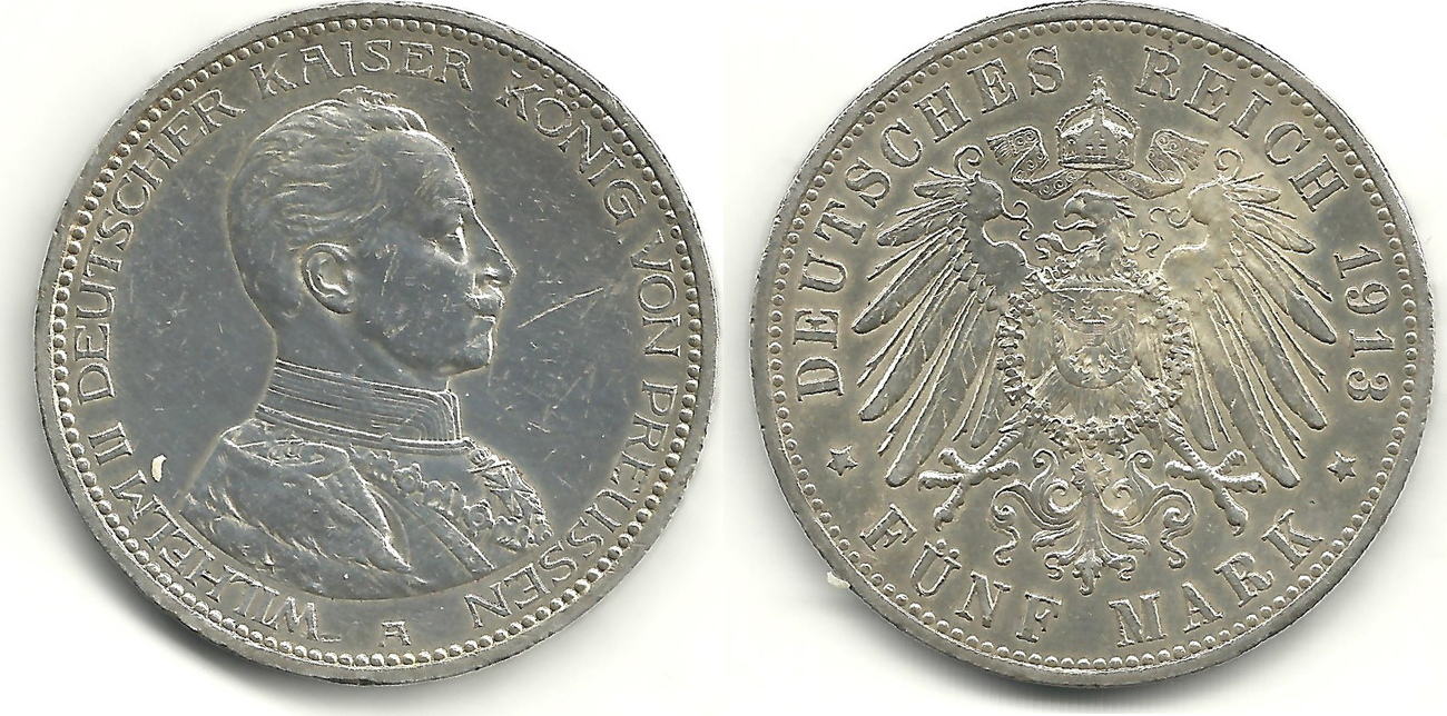 Deutschland Preussen 5 Mark 1913 Wilhelm II. in Uniform vz | MA-Shops
