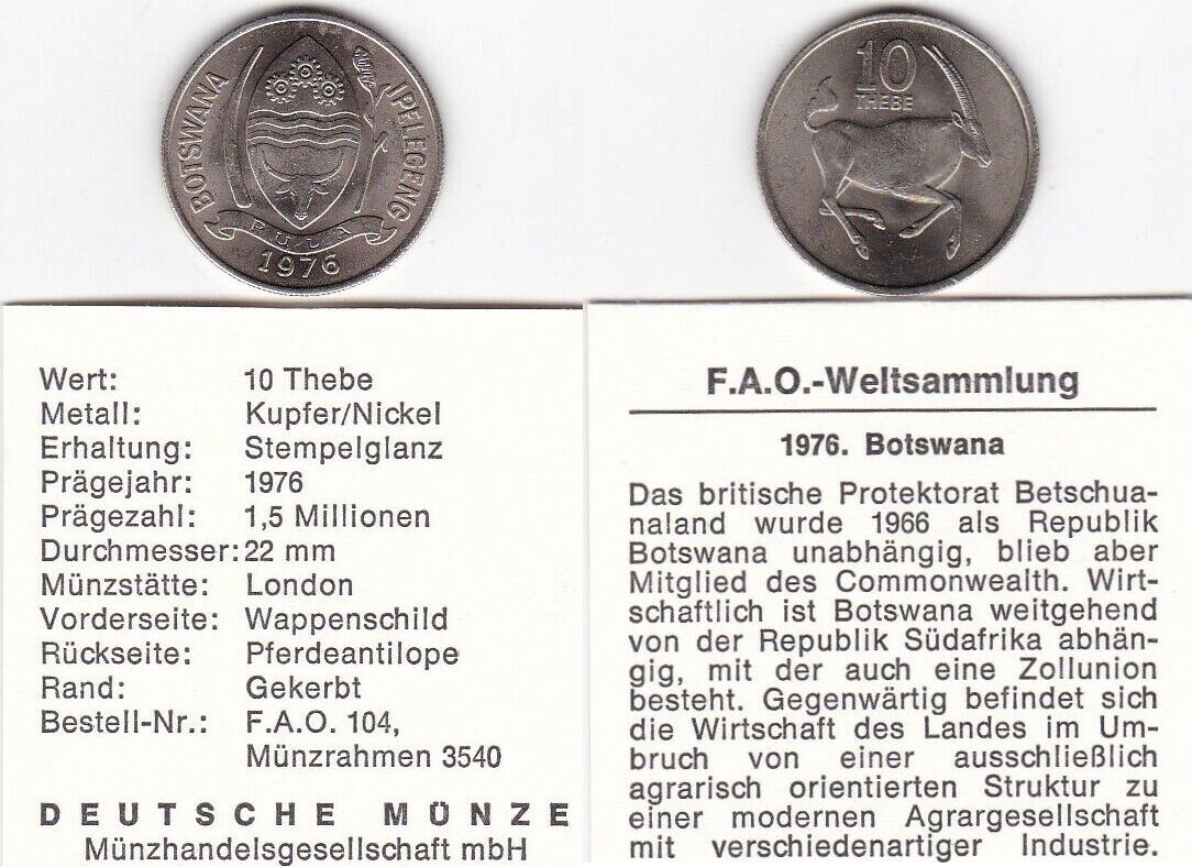 10 Thebe 1976 Münze Botswana Kupfer/Nickel FAO Food for All mit ...