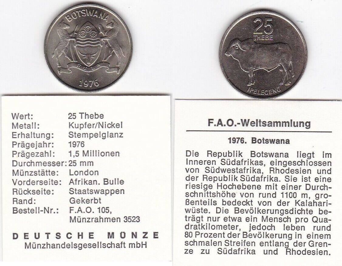 25 Thebe 1976 Münze Botswana Kupfer/Nickel FAO Food for All mit ...
