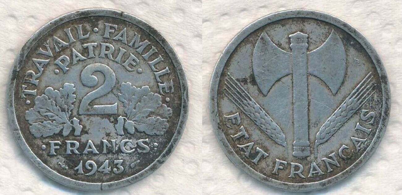 2 Francs 1943 France Frankreich Francaise Republique Aluminum | MA-Shops
