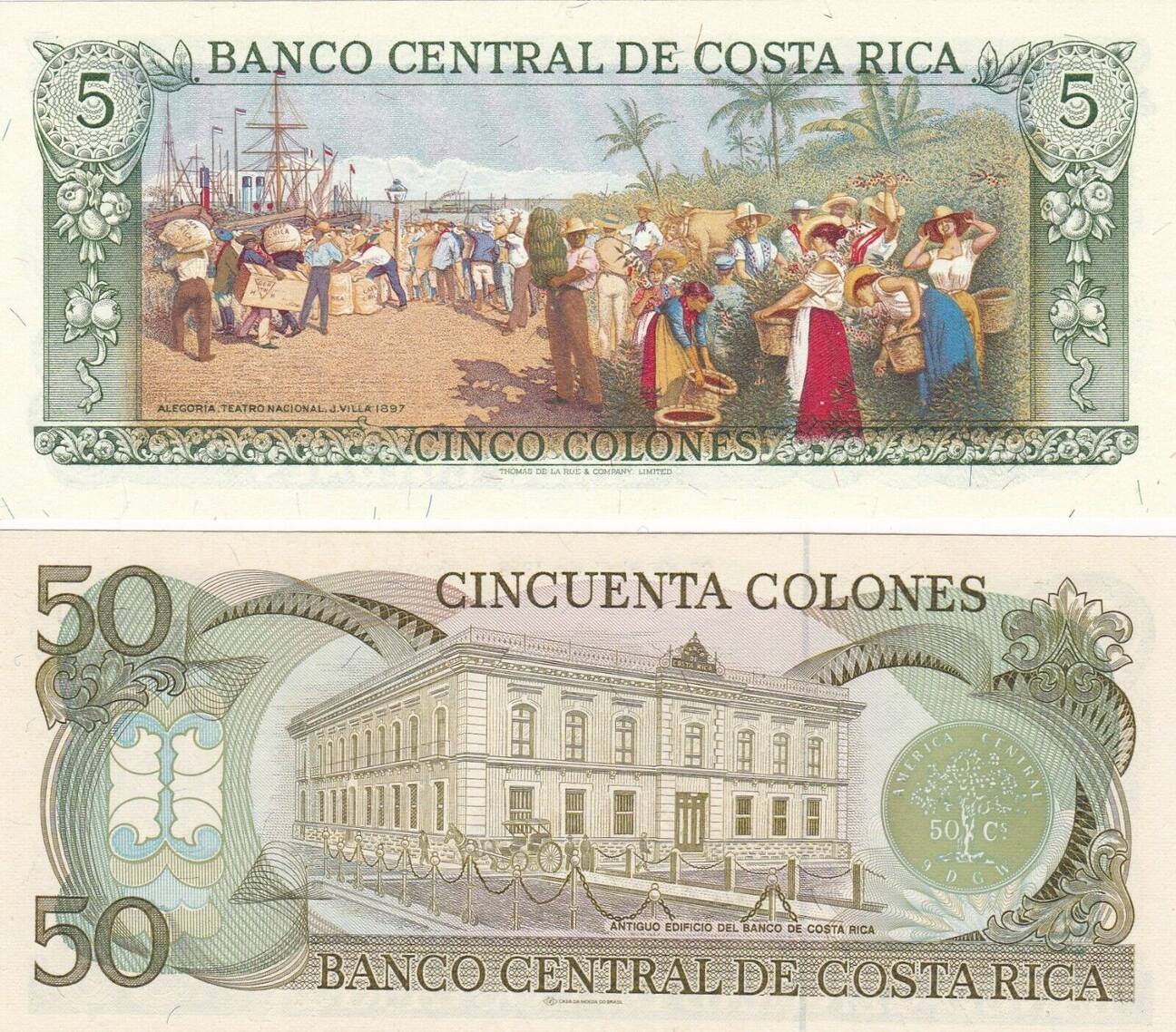50 Colones 1983 Costa Rica Banknote Geldschein 5 und 1988 2 Stück unz ...