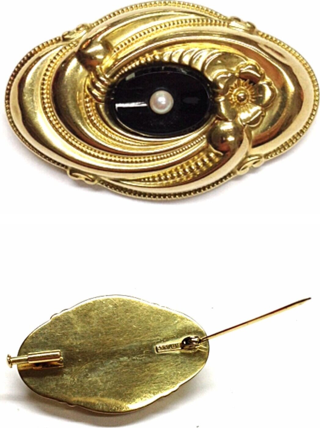 Biedermeier Brosche 333er Gold mit Onyx und Perle Antik Goldbrosche ...