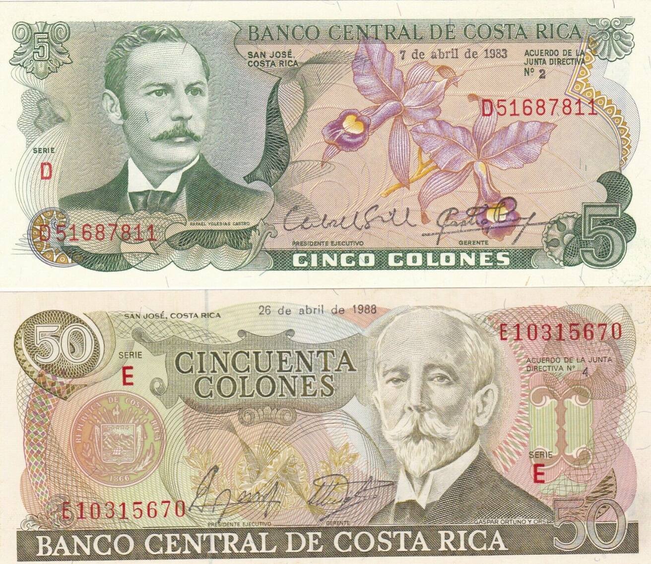 50 Colones 1983 Costa Rica Banknote Geldschein 5 und 1988 2 Stück unz ...