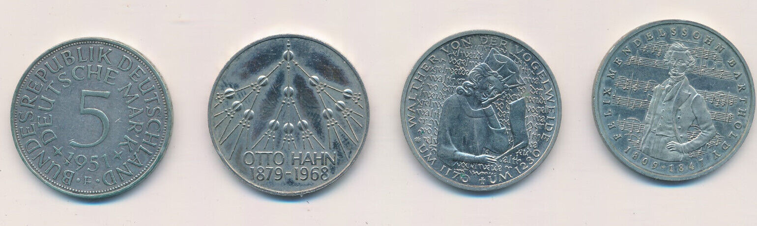 5 Mark BRD 4 x Münzen 1951, Otto Hahn 1979, Vogelweide,Mendelsohn | MA ...