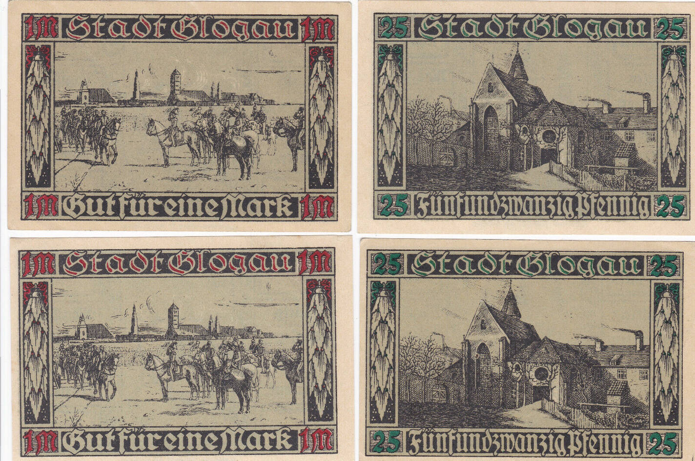 1 Mark 1.12.1920 Notgeldscheine Glogau 4 Stück 2 x 25 und 2 x | MA-Shops