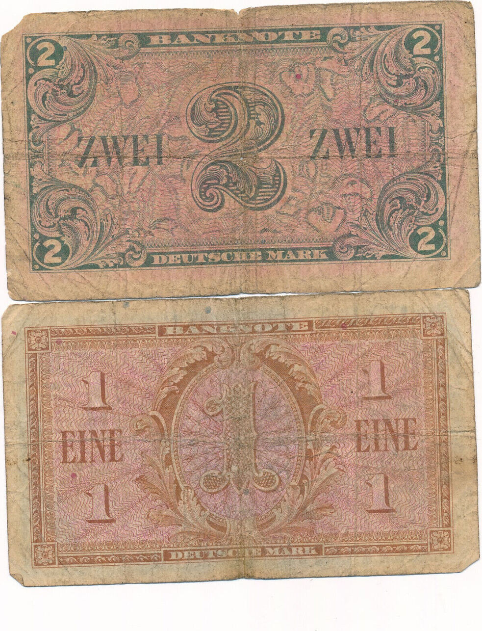2 Deutsche Mark 1948 Deutschland 1 und P2a, P3a, Zwei Banknoten | MA-Shops