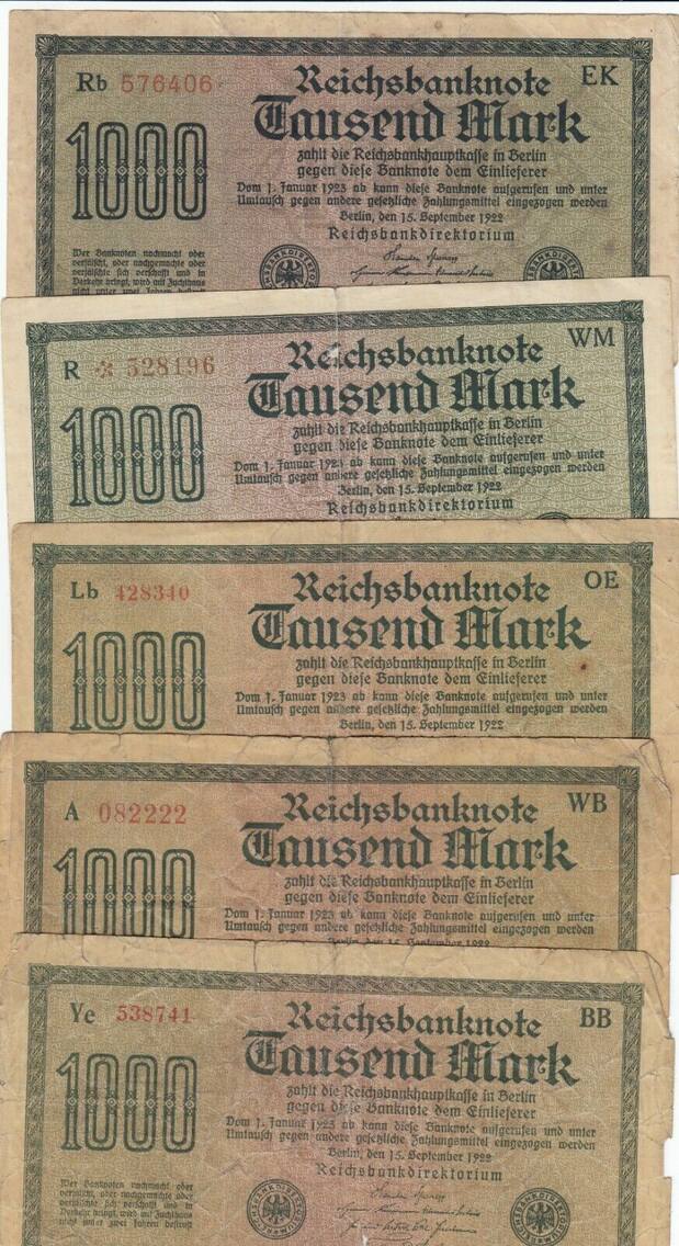 1000 Mark 1922 Deutschland Deutsches Reich Reichsbanknote 10 Stück Lot ...