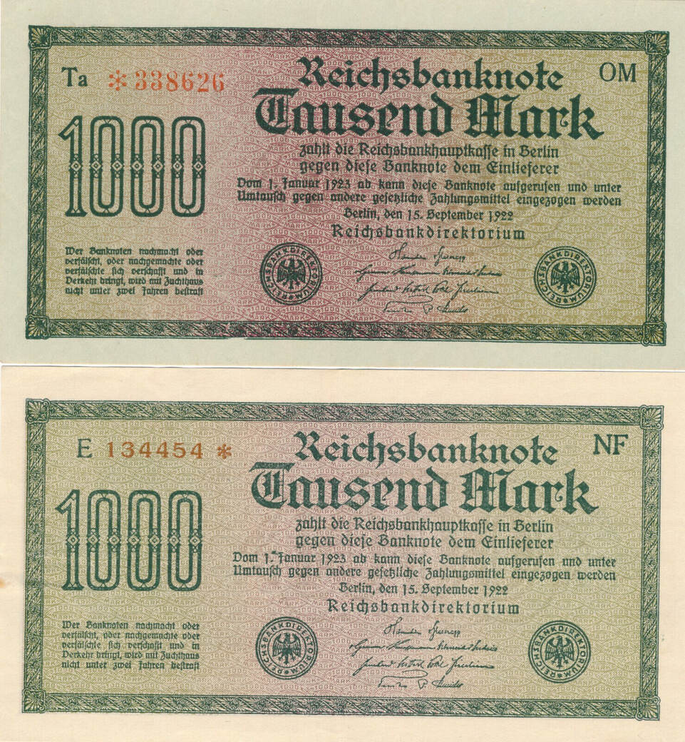 1000 Mark 1922 Deutsches Reich Deutschland : 2x Reichsbanknote Ro. 75 ...