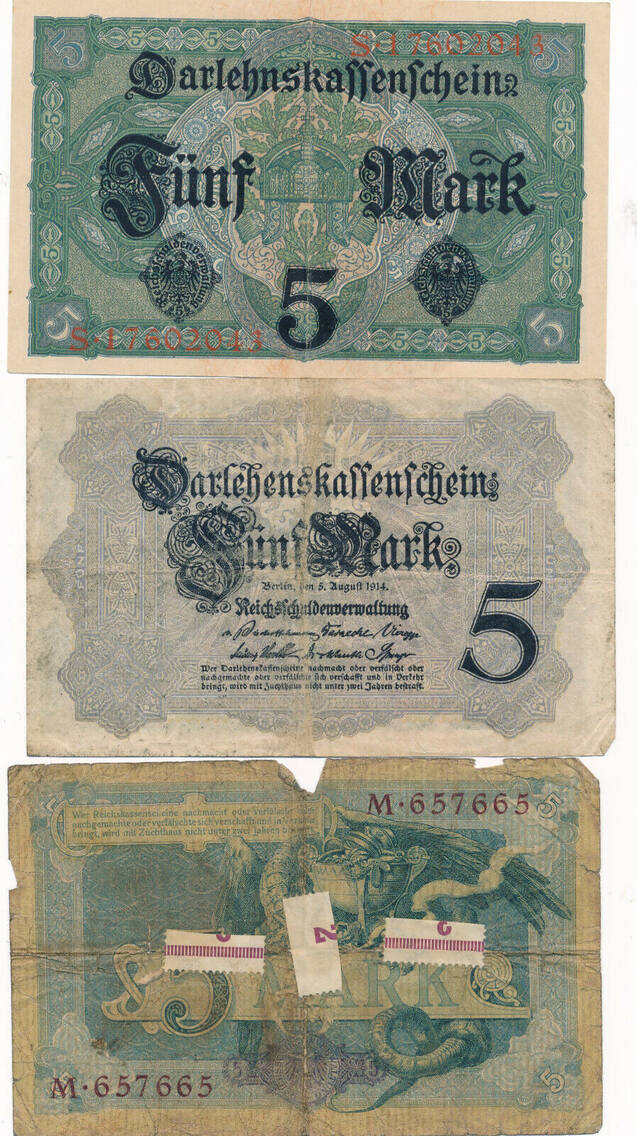 5 Mark 1917 1904 1914 Banknote Deutsches Reich Reichsmark Lot 3 Stück ...