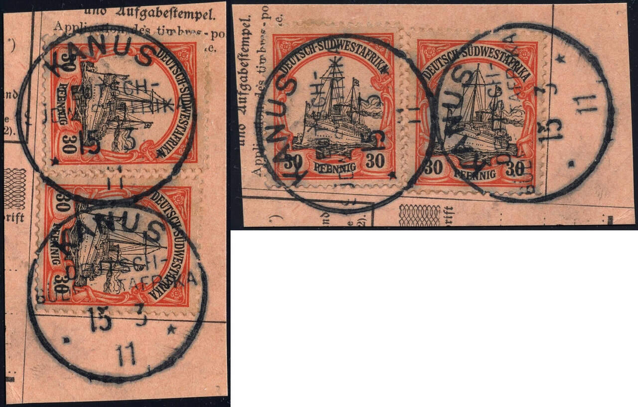 Briefmarken 1911 DSWA Michel 16 2x ° Kanus 15/3/11 Luxus Briefstück ...