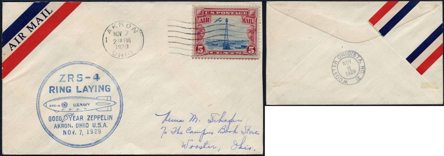 Briefmarken 1929 Zeppelin USA ZRS-4 Ring Laying Akron nach Wooster ...