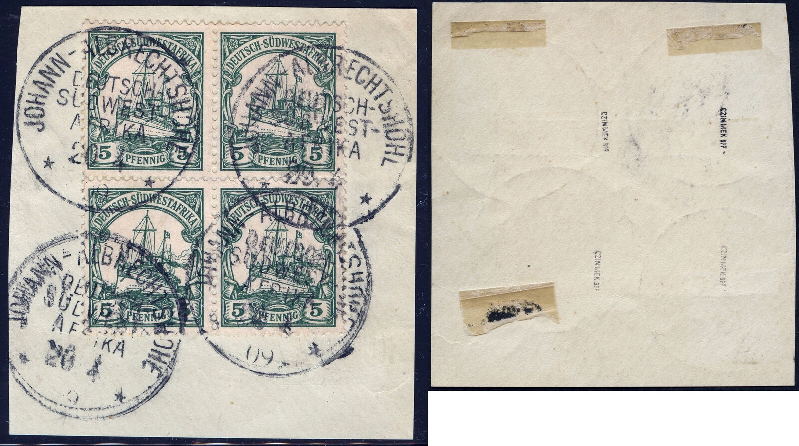 Briefmarken 1909 DSWA Michel 26 Block/4 ° Johann-Albrechtshöhe 20/4/09 ...