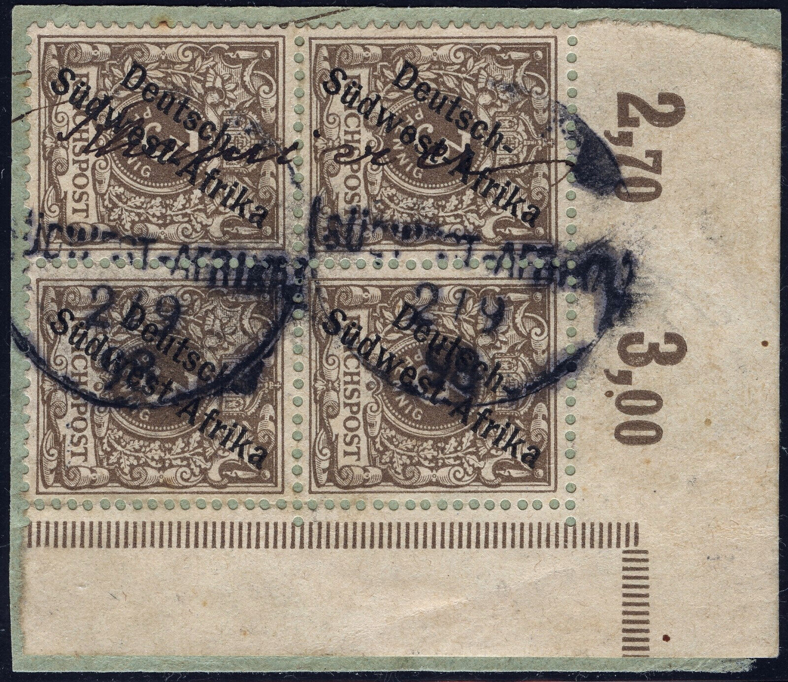 Briefmarken 1898 DSWA Michel 1 a Block/4 Eckrand ° Khanrivier 2/9/98 ...