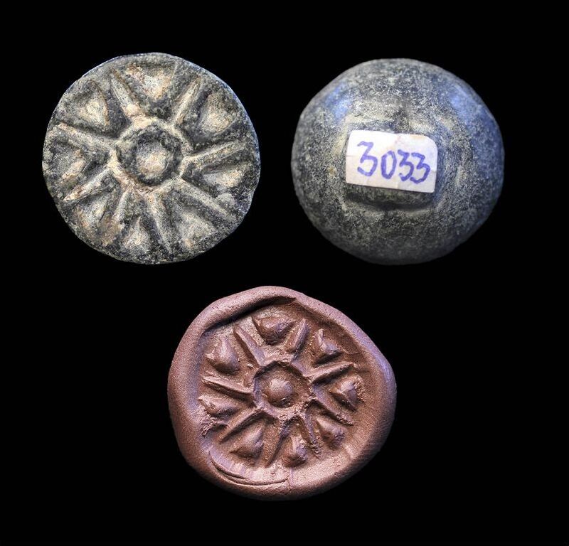 Ancient art Lovely large Ubaid / Uruk stamp seal w Sun-symbol 4th. mill ...