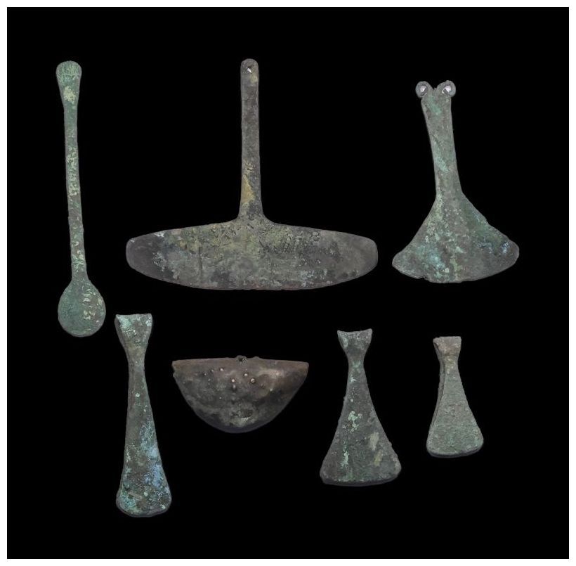 Ancient art Selection of 7 bronze tools, incl. Tumi, Tweezers and ...