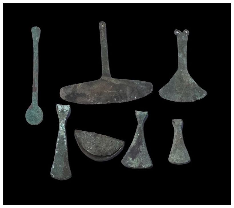 Ancient art Selection of 7 bronze tools, incl. Tumi, Tweezers and ...