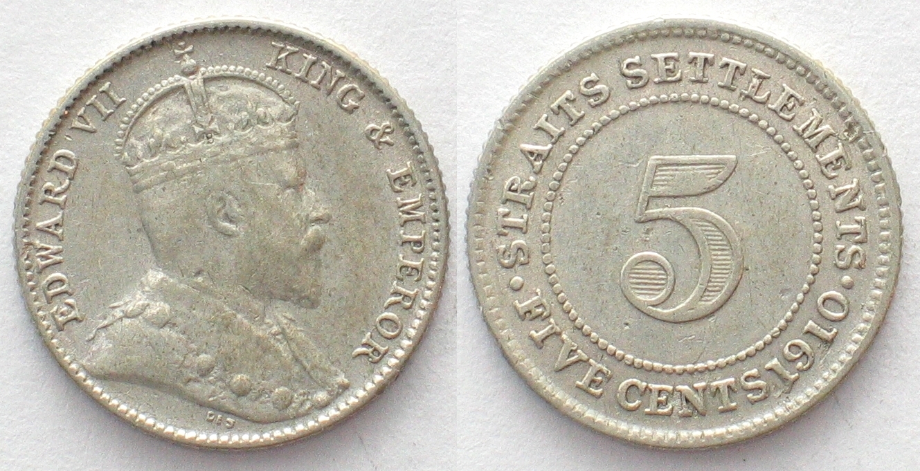 STRAITS SETTLEMENTS 5 Cents 1910 EDWARD VII. Silber ERHALTUNG! vz | MA-Shops