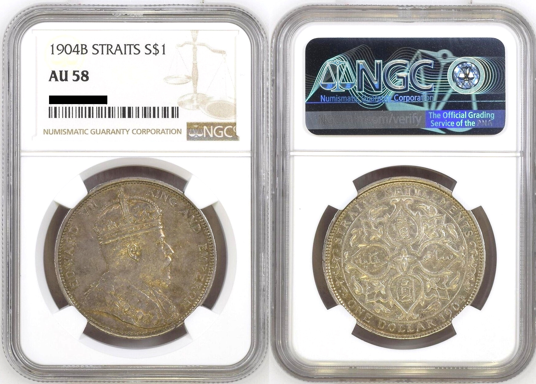 S$1 1904B STRAITS SETTLEMENTS 1 Dollar 1904 B EDWARD VII. Silber ERHALTUNG! NGC AU 58 | MA-Shops