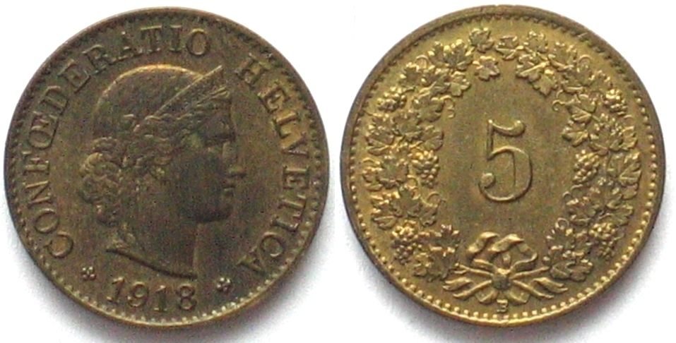 Schweiz EIDGENOSSENSCHAFT 5 Rappen 1918 Messing ERHALTUNG! unz | MA-Shops