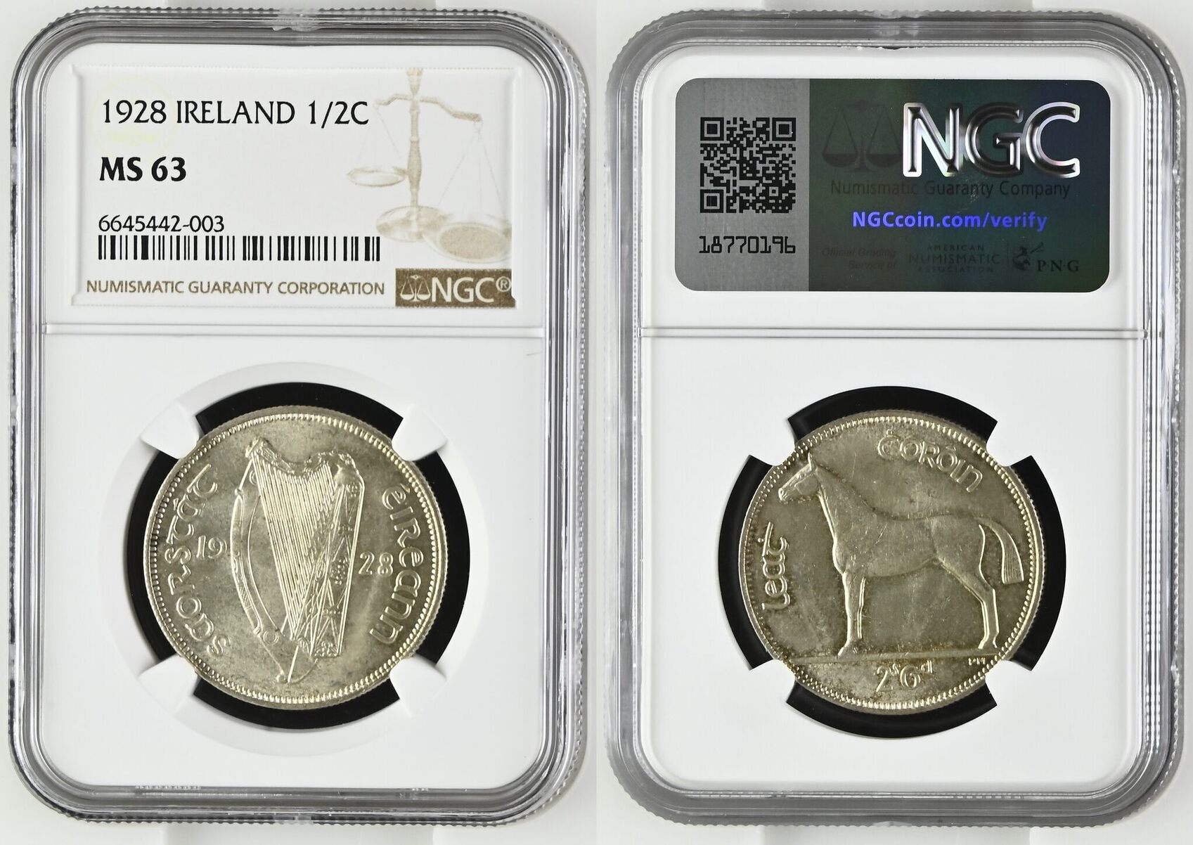 IRELAND 1/2C IRLAND 1/2 Crown 1928 PFERD Silber ERHALTUNG!!! NGC MS 63 ...