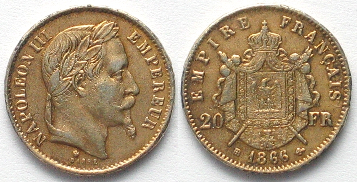 FRANKREICH 20 Francs 1866 BB NAPOLEON III - ZEITGENÖSSISCHE FÄLSCHUNG vz | MA-Shops