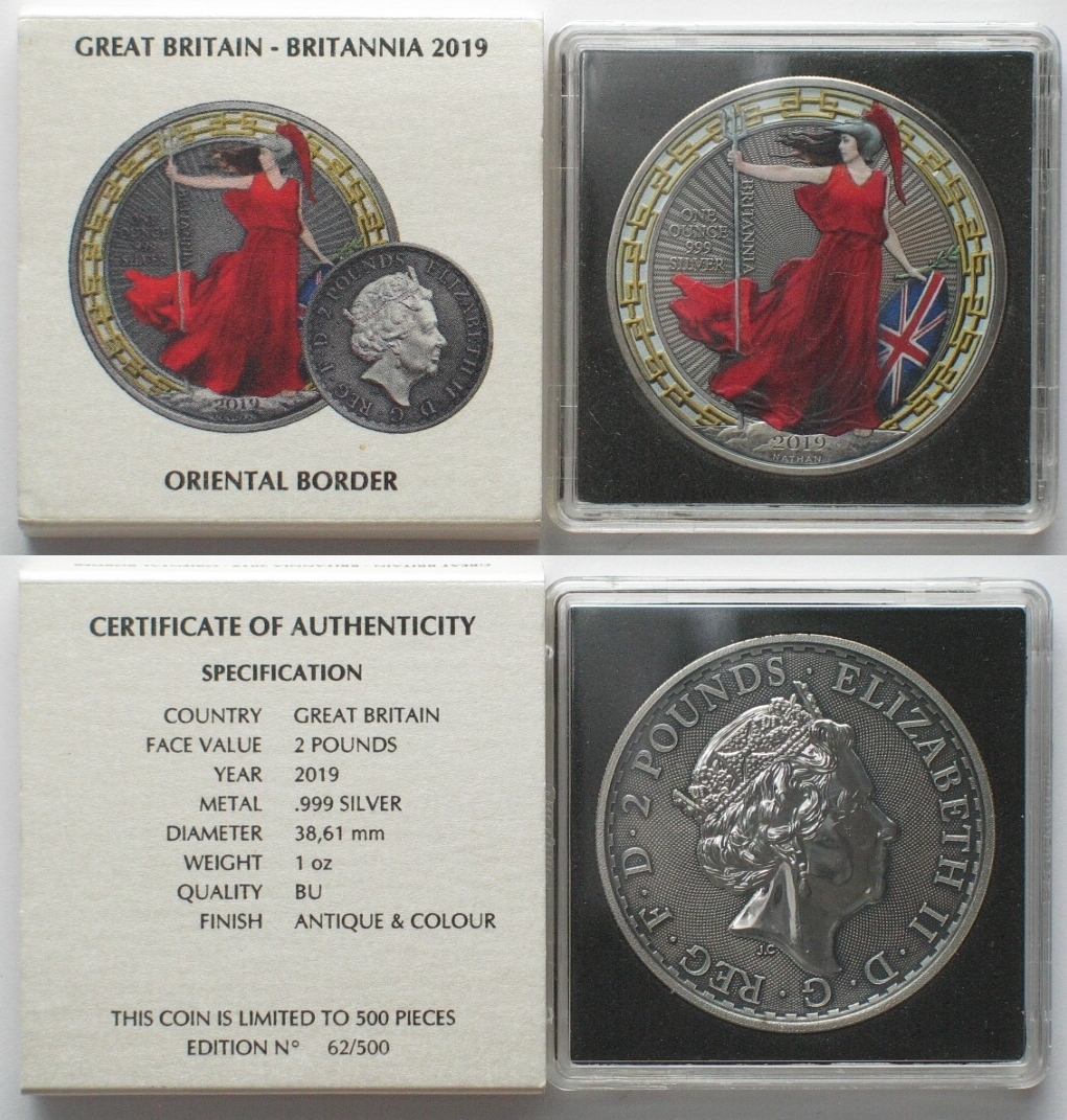 England BRITANNIA 2 Pounds 2019 Oriental Border 1 Unze Silber ANTIQUE ...
