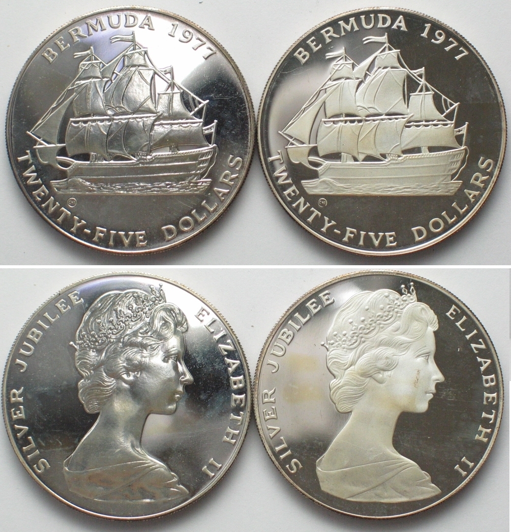 BERMUDA 2 x 25 Dollars 1977 Schiff 25. REGIERUNGSJUBILÄUM Silber ...