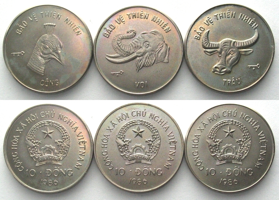 VIETNAM. Set 10 Dong 1986, NATURE SERIES, Buffalo, peacock, elephant ...