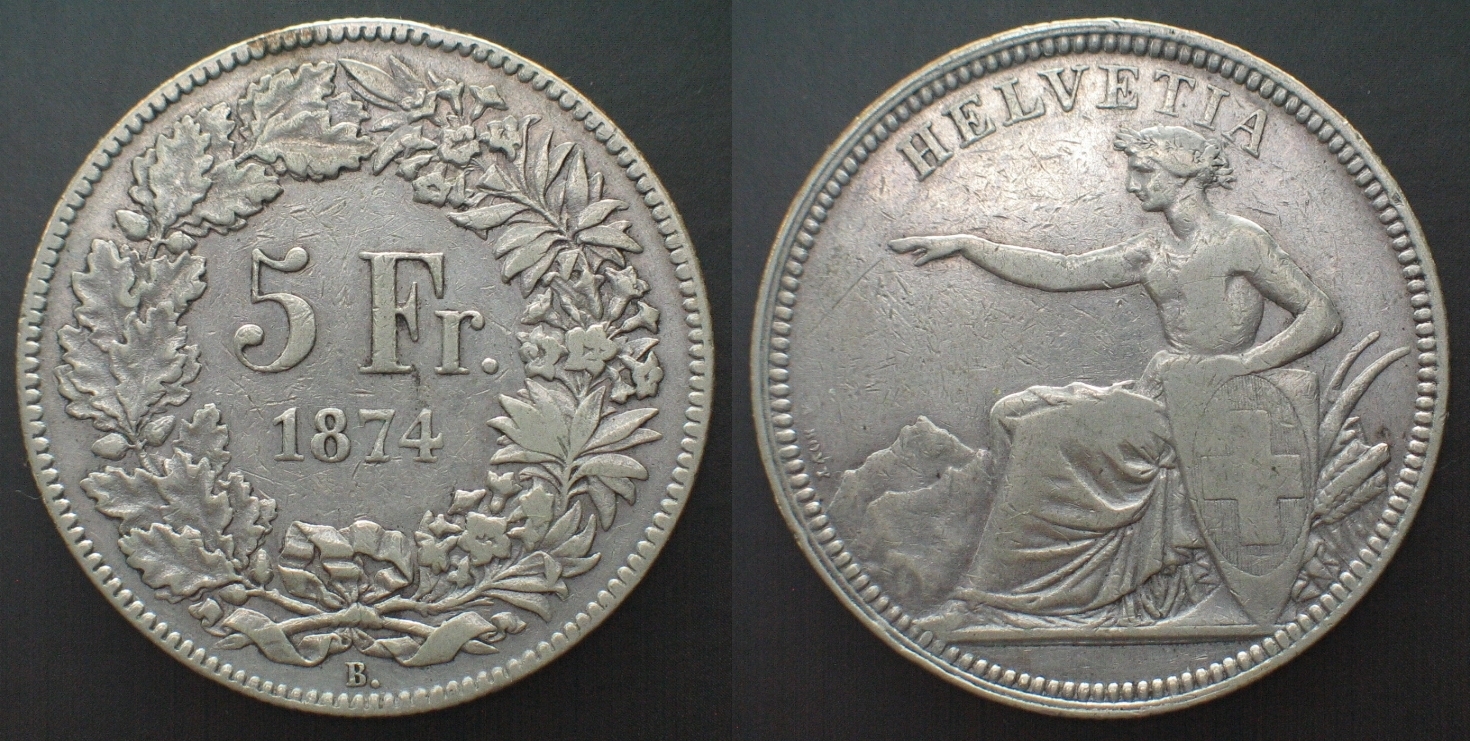 Schweiz EIDGENOSSENSCHAFT 5 Franken 1874 B. SITZENDE HELVETIA Silber ss+ | MA-Shops