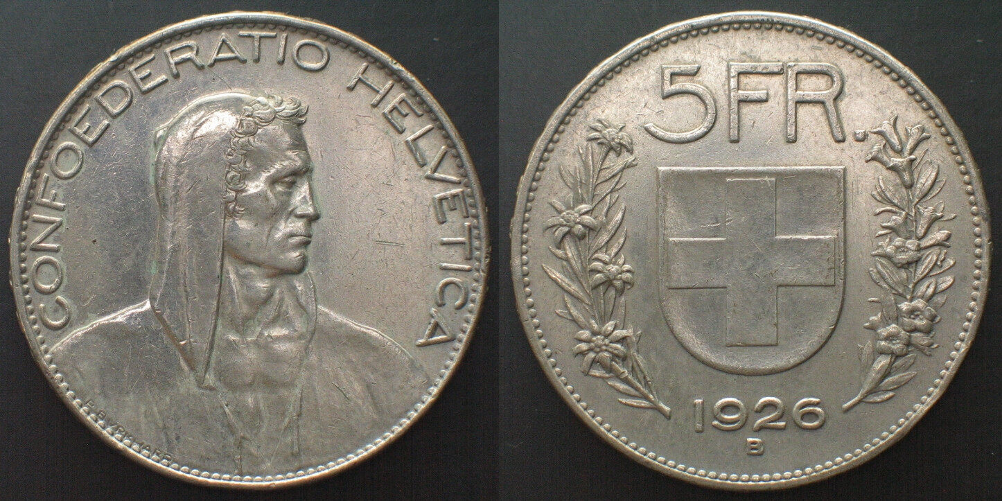 Schweiz EIDGENOSSENSCHAFT 5 Franken 1926 B ALPHIRTE Silber SELTEN! ERHALTUNG! vz+ | MA-Shops