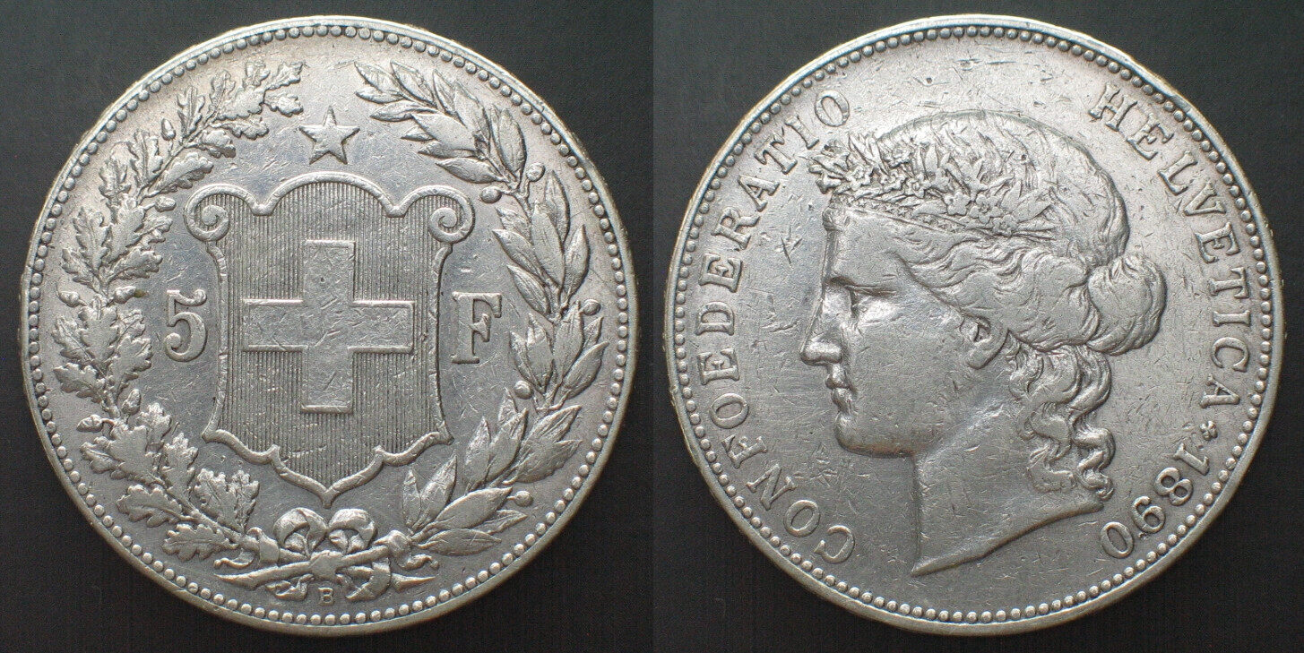 Schweiz EIDGENOSSENSCHAFT 5 Franken 1890 B FRAUENKOPF Silber ss-vz | MA-Shops
