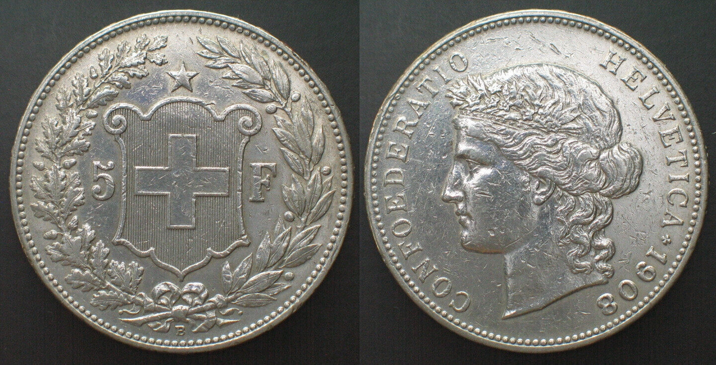 Schweiz EIDGENOSSENSCHAFT 5 Franken 1908 FRAUENKOPF Silber ERHALTUNG! vz+ | MA-Shops