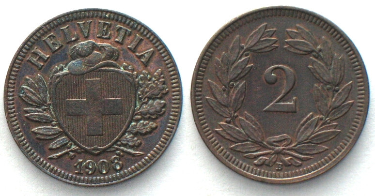 Schweiz EIDGENOSSENSCHAFT 2 Rappen 1908 Bronze ERHALTUNG! unz- | MA-Shops