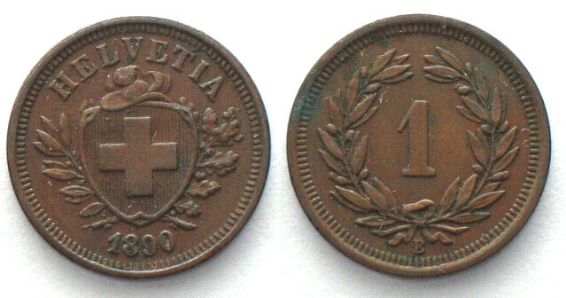 Schweiz EIDGENOSSENSCHAFT 1 Rappen 1890 Bronze ERHALTUNG! vz | MA-Shops