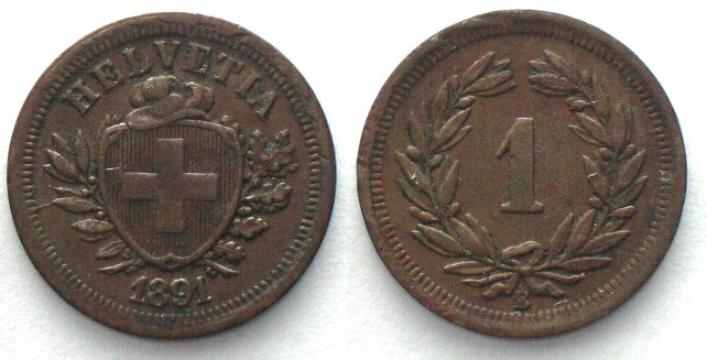 Schweiz EIDGENOSSENSCHAFT 1 Rappen 1891 Bronze Schmales Kreuz vz | MA-Shops