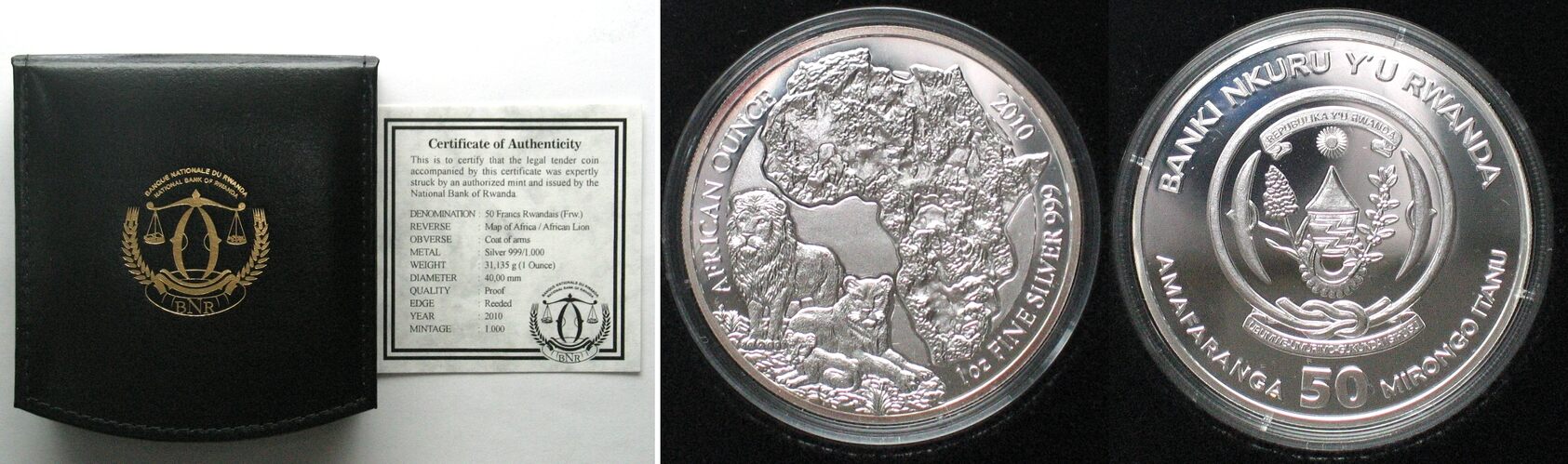 RUANDA 50 Francs 2010 Löwe AFRICAN OUNCE Silber 1 oz PP m. Etui & Zertifikat RAR | MA-Shops