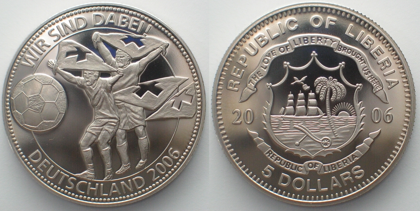 LIBERIA 5 Dollars 2006 Schweizer Nati FUSSBALL WM Ku-Ni SELTEN! PP | MA ...
