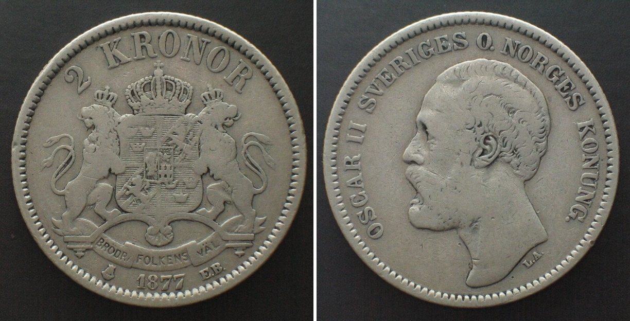 SCHWEDEN 2 Kronor 1877 EB OSCAR II. Silber ss | MA-Shops