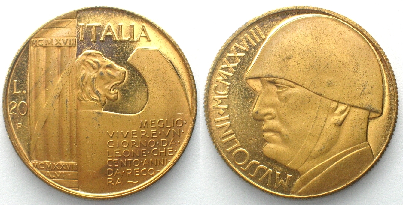 ITALIEN 20 Lire 1928 MUSSOLINI Bronze vergoldet PP | MA-Shops
