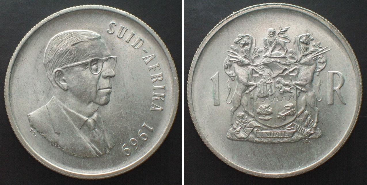 Südafrika SÜDAFRIKA 1 Rand 1969 Afrikaans DR. T.E. DONGES Silber ...