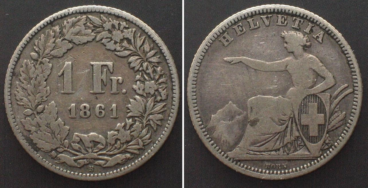 Schweiz EIDGENOSSENSCHAFT 1 Franken 1861 B SITZENDE HELVETIA Silber f.ss | MA-Shops