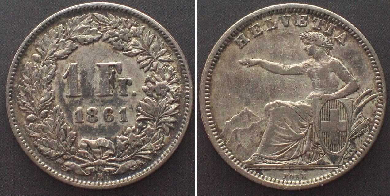 Schweiz EIDGENOSSENSCHAFT 1 Franken 1861 B SITZENDE HELVETIA Silber ERHALTUNG! vz+ | MA-Shops