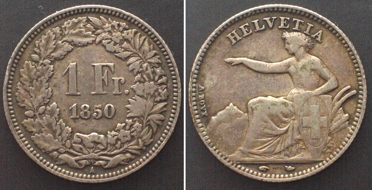 Schweiz EIDGENOSSENSCHAFT 1 Franken 1850 A SITZENDE HELVETIA Silber SELTEN! ss-vz | MA-Shops